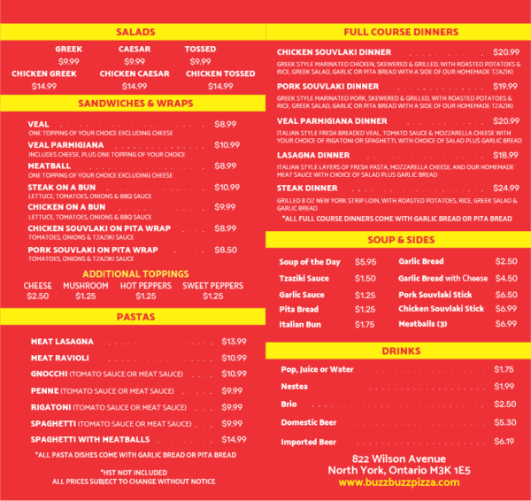 Menu - Buzz Buzz Pizza